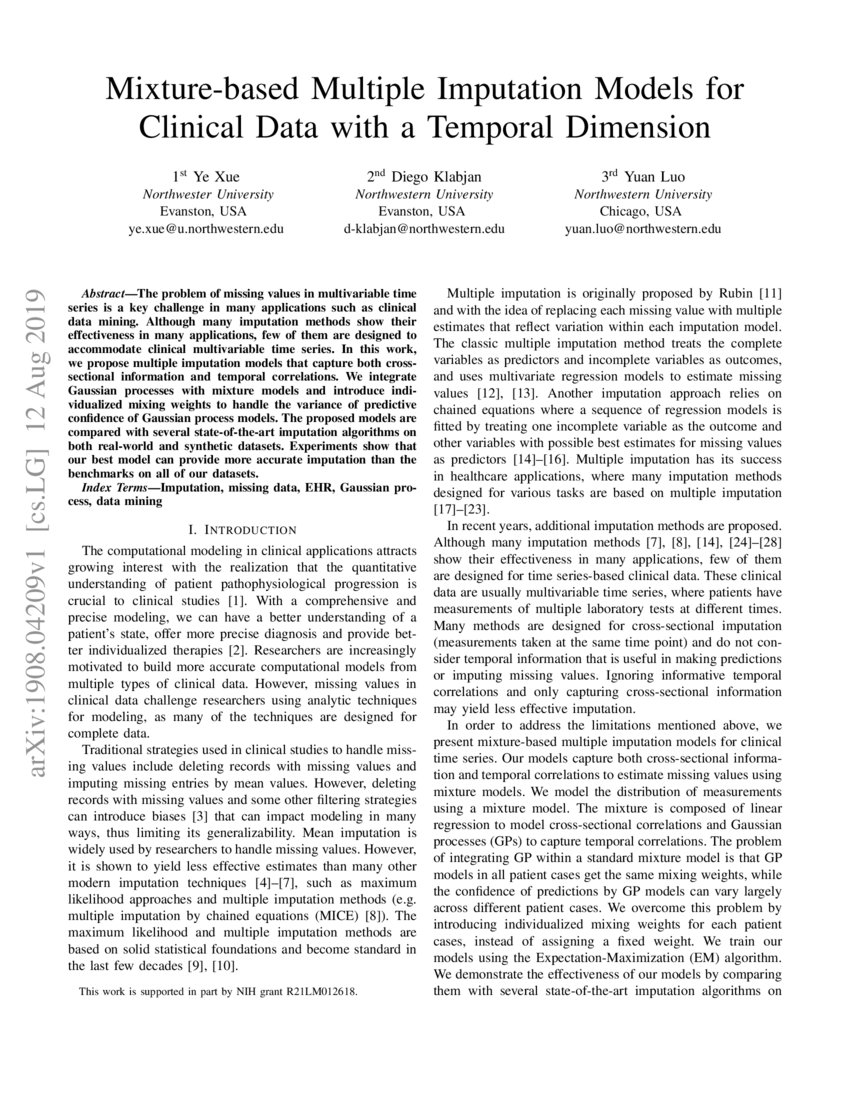 Mixture-based Multiple Imputation Models for Clinical Data with a Temporal Dimension | DeepAI
