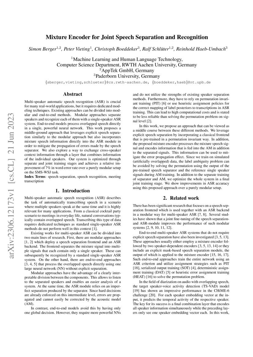 Mixture Encoder For Joint Speech Separation And Recognition Deepai