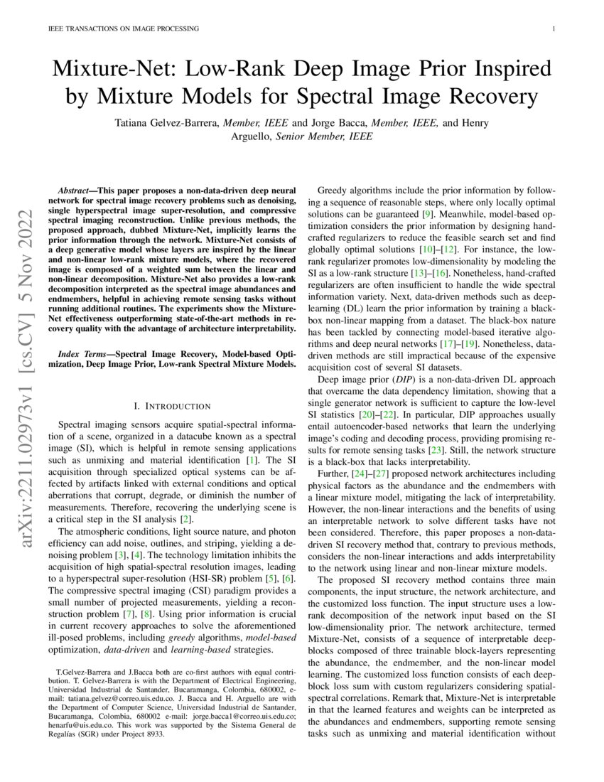 Mixture-Net: Low-Rank Deep Image Prior Inspired by Mixture Models for Spectral Image Recovery ...