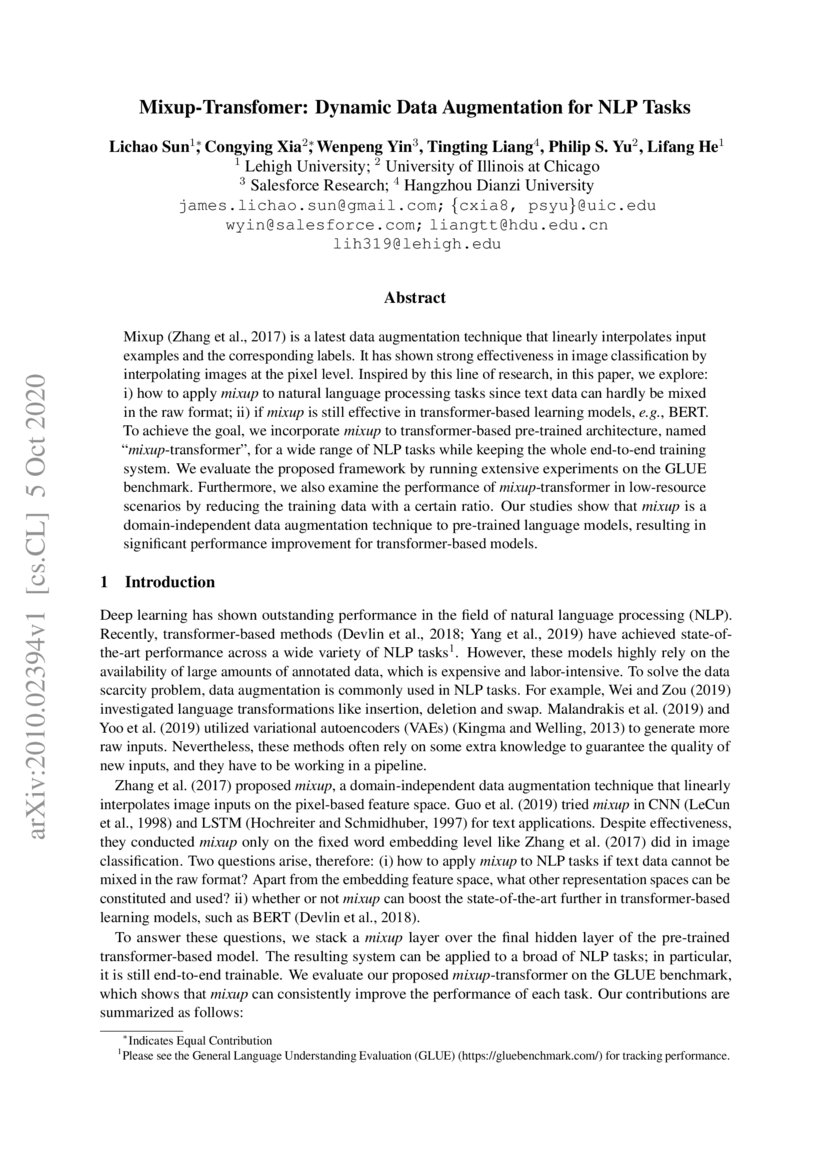 Mixup-Transfomer: Dynamic Data Augmentation for NLP Tasks | DeepAI