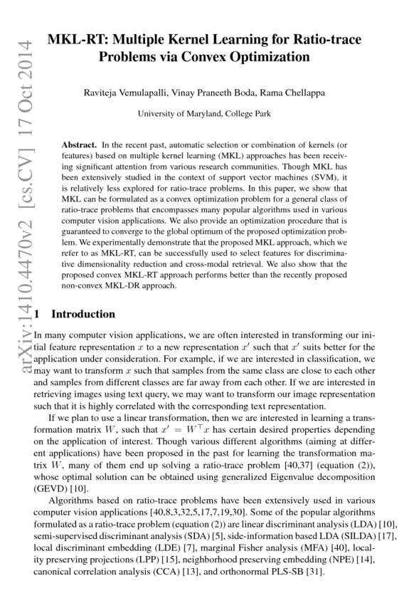MKL-RT: Multiple Kernel Learning for Ratio-trace Problems via Convex Optimization | DeepAI
