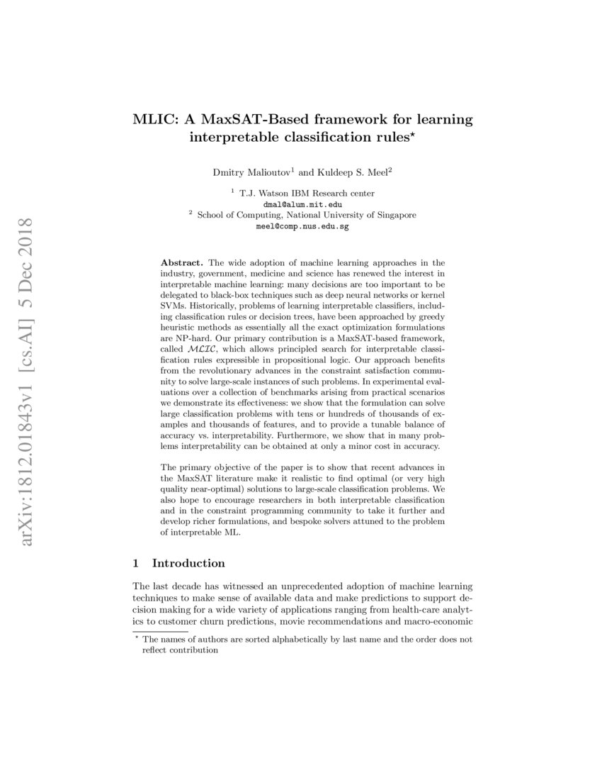 Mlic A Maxsat Based Framework For Learning Interpretable Classification Rules Deepai