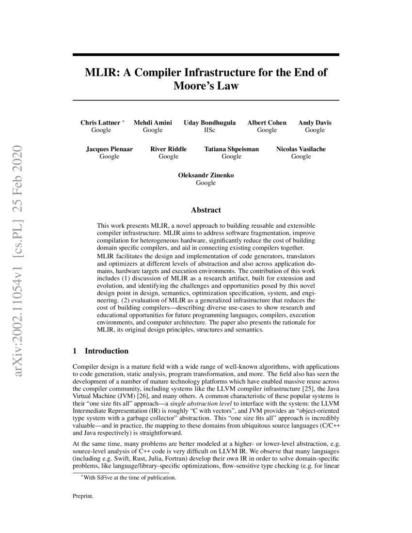 Mlir A Compiler Infrastructure For The End Of Moores Law Deepai