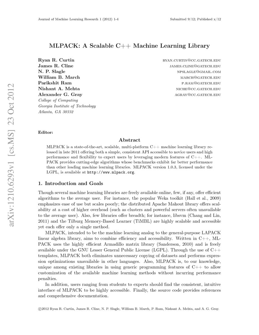 MLPACK: A Scalable C++ Machine Learning Library | DeepAI