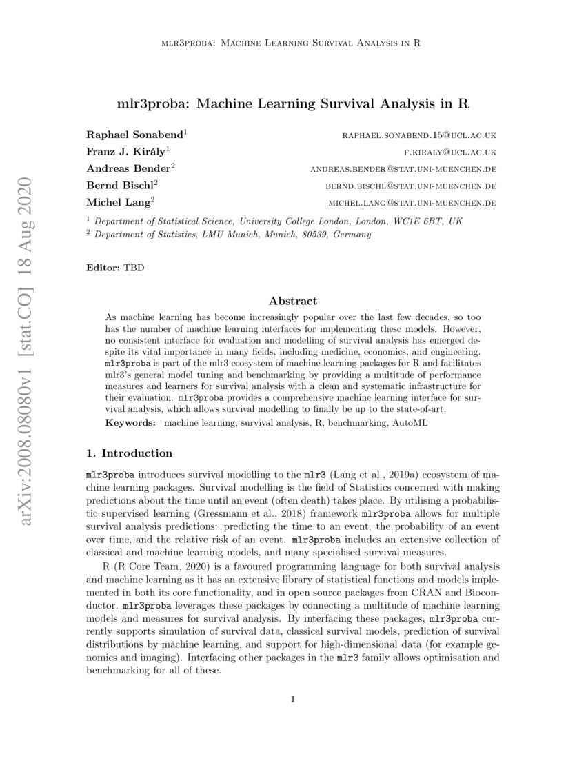 mlr3proba: An R Package for Machine Learning in Survival Analysis | DeepAI