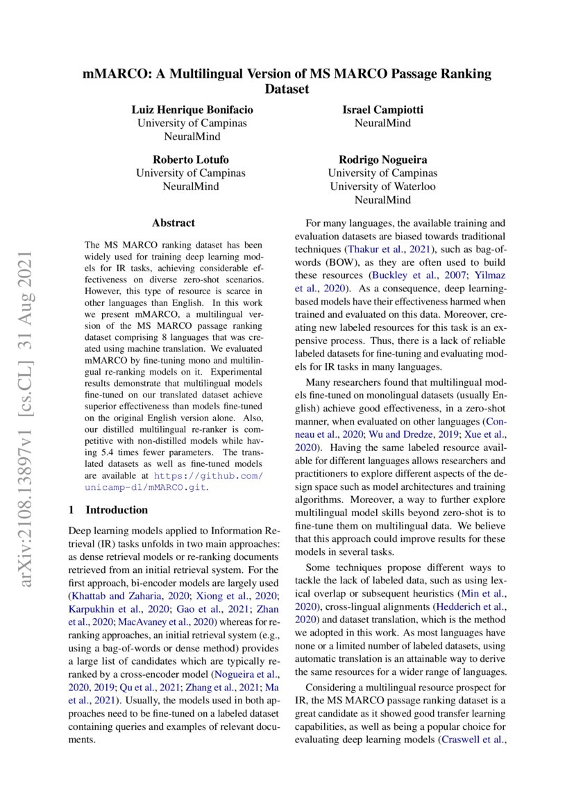 mMARCO: A Multilingual Version of MS MARCO Passage Ranking Dataset | DeepAI