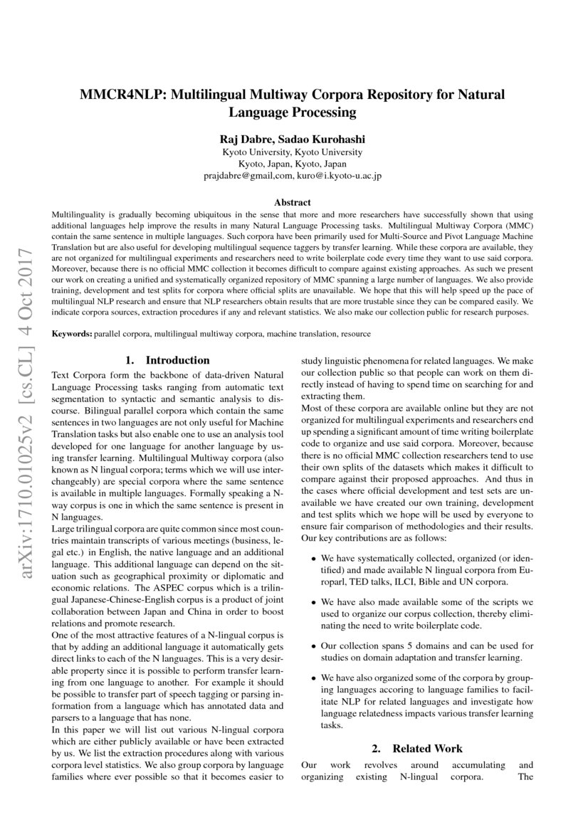 Mmcr4nlp Multilingual Multiway Corpora Repository For Natural Language Processing Deepai
