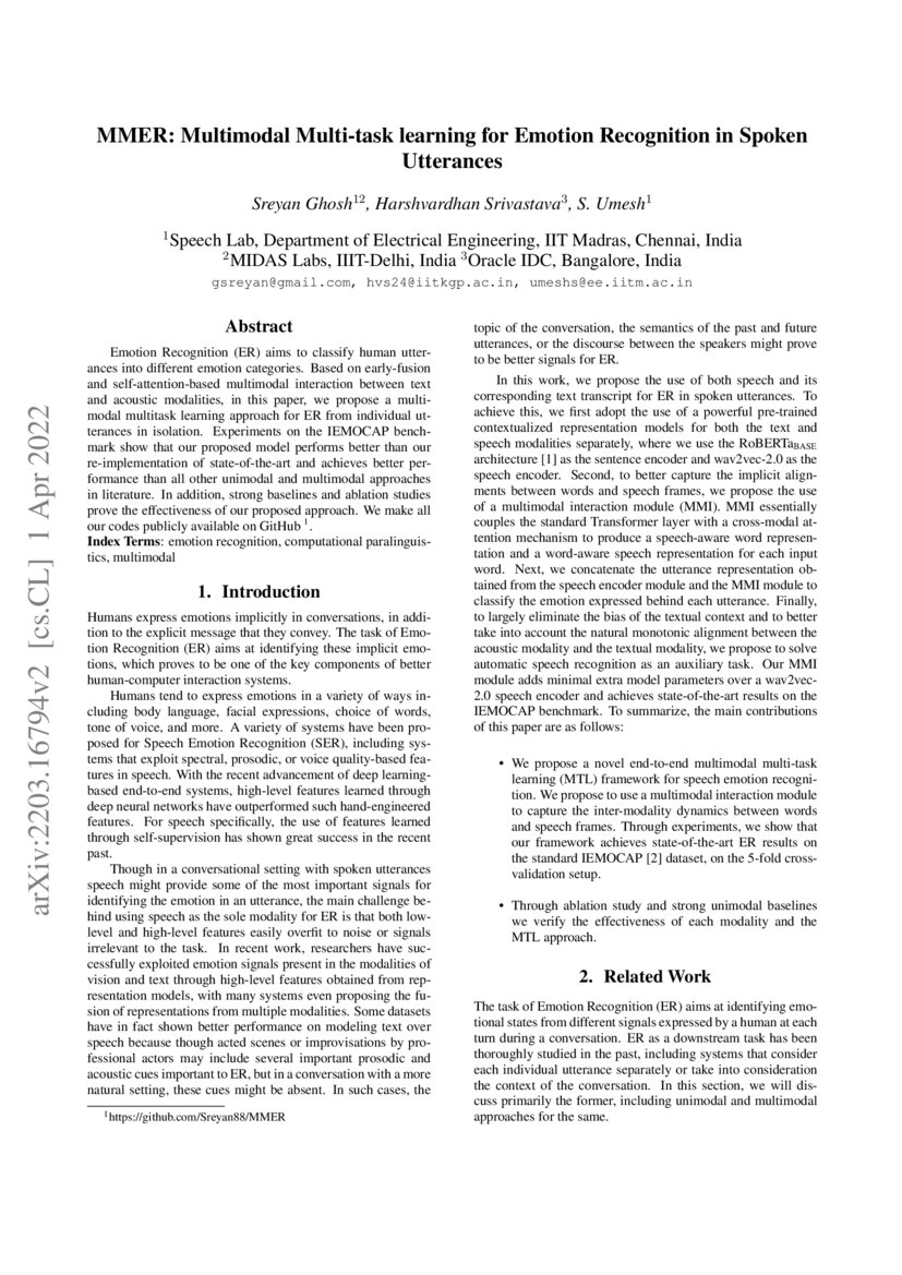 Mmer Multimodal Multi Task Learning For Emotion Recognition In Spoken Utterances Deepai 8374