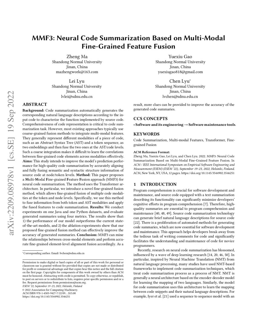 Mmf3 Neural Code Summarization Based On Multi Modal Fine Grained Feature Fusion Deepai