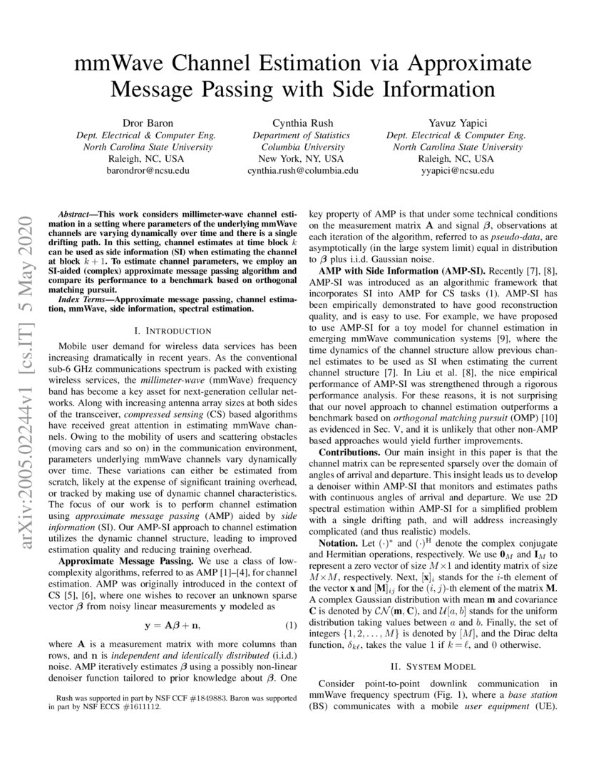 mmWave Channel Estimation via Approximate Message Passing with Side Information | DeepAI