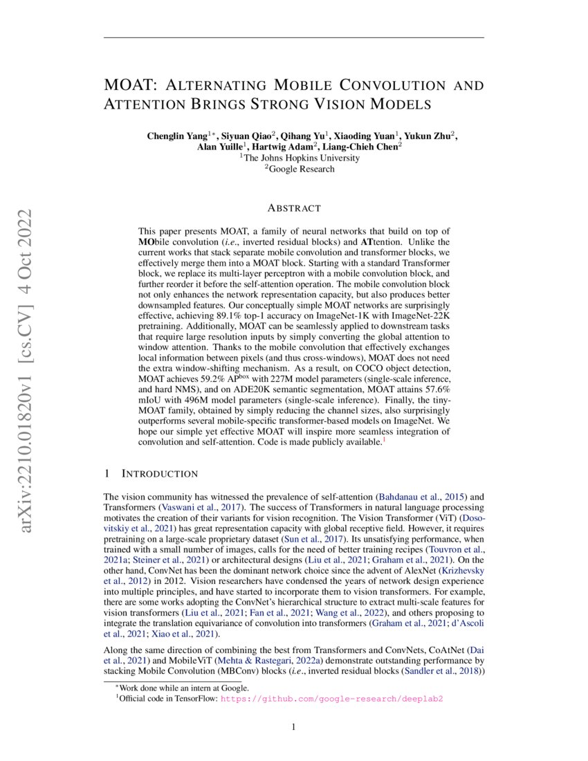 MOAT: Alternating Mobile Convolution and Attention Brings Strong Vision ...