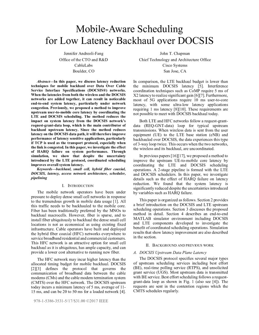 Mobile-Aware Scheduling for Low Latency Backhaul over DOCSIS | DeepAI