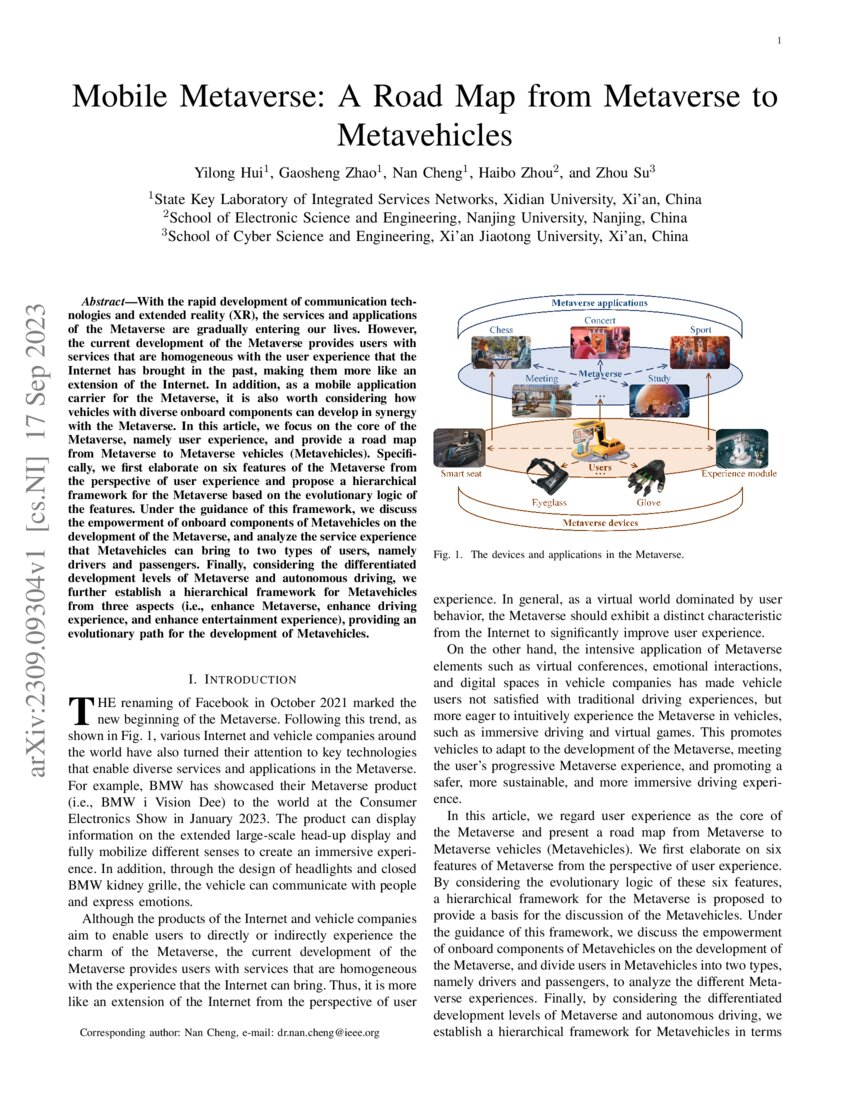 Mobile Metaverse: A Road Map from Metaverse to Metavehicles | DeepAI