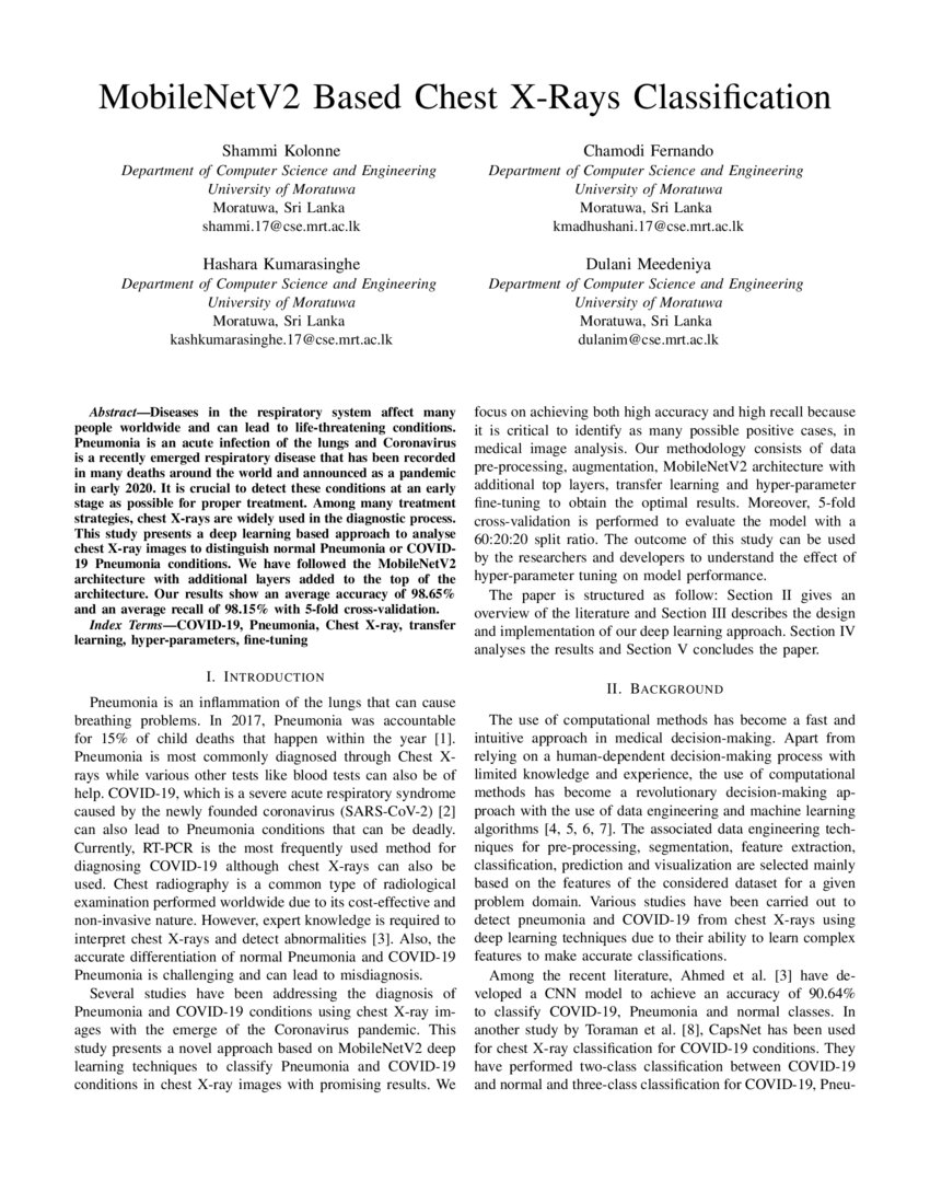 Mobilenetv2 Based Chest X Rays Classification Deepai 