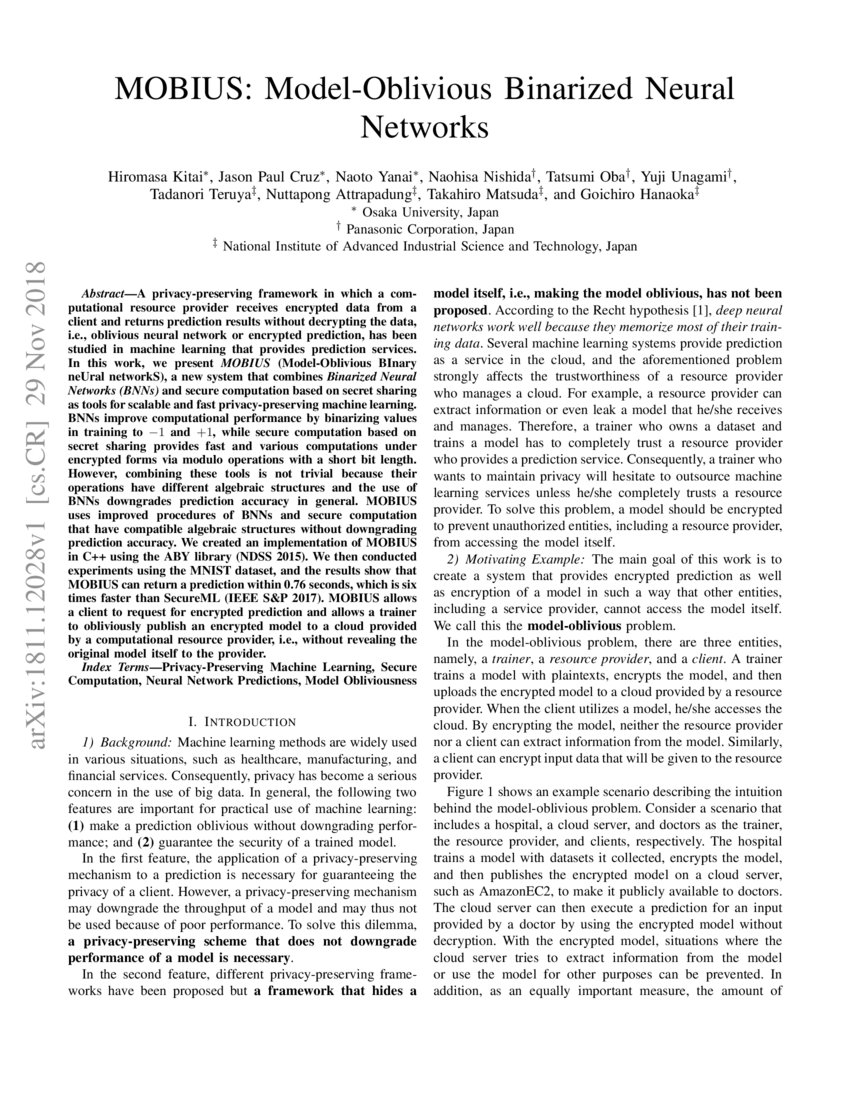 MOBIUS: Model-Oblivious Binarized Neural Networks | DeepAI