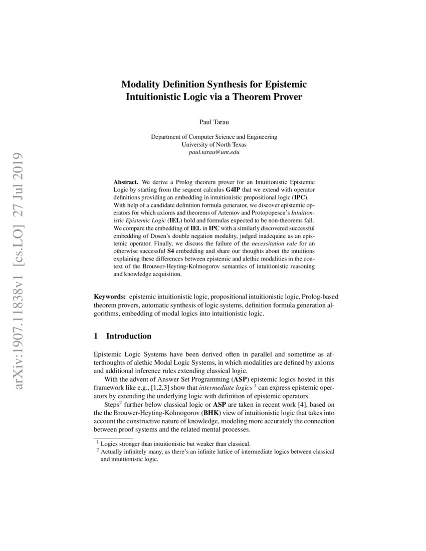 Modality Definition Synthesis For Epistemic Intuitionistic Logic Via A Theorem Prover Deepai