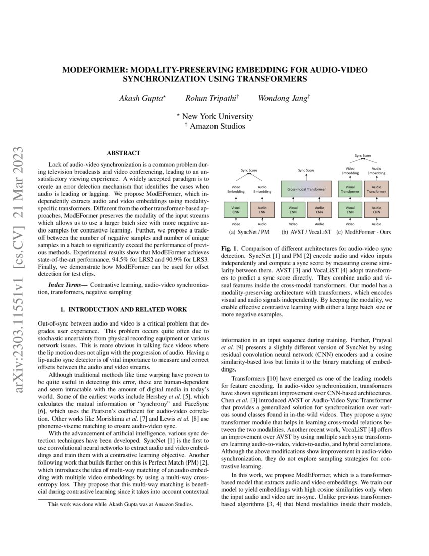ModEFormer: Modality-Preserving Embedding for Audio-Video Synchronization using Transformers ...