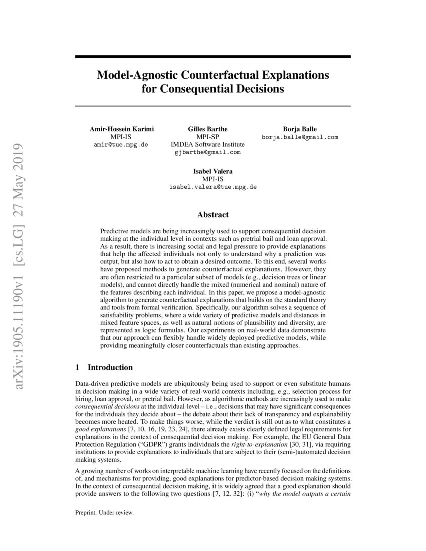 Model Agnostic Counterfactual Explanations For Consequential Decisions Deepai