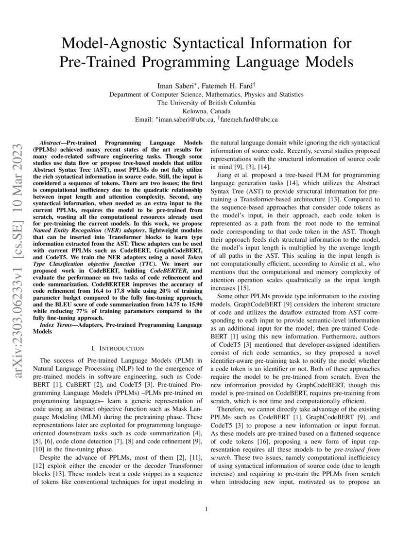 Model Agnostic Syntactical Information For Pre Trained Programming Language Models Deepai