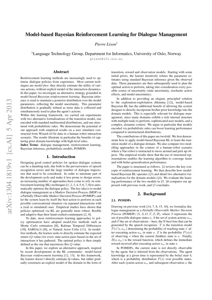 Model Based Bayesian Reinforcement Learning For Dialogue Management