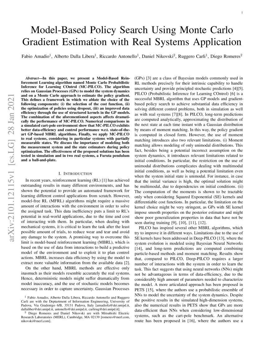 Model Based Policy Search Using Monte Carlo Gradient Estimation With Real Systems Application