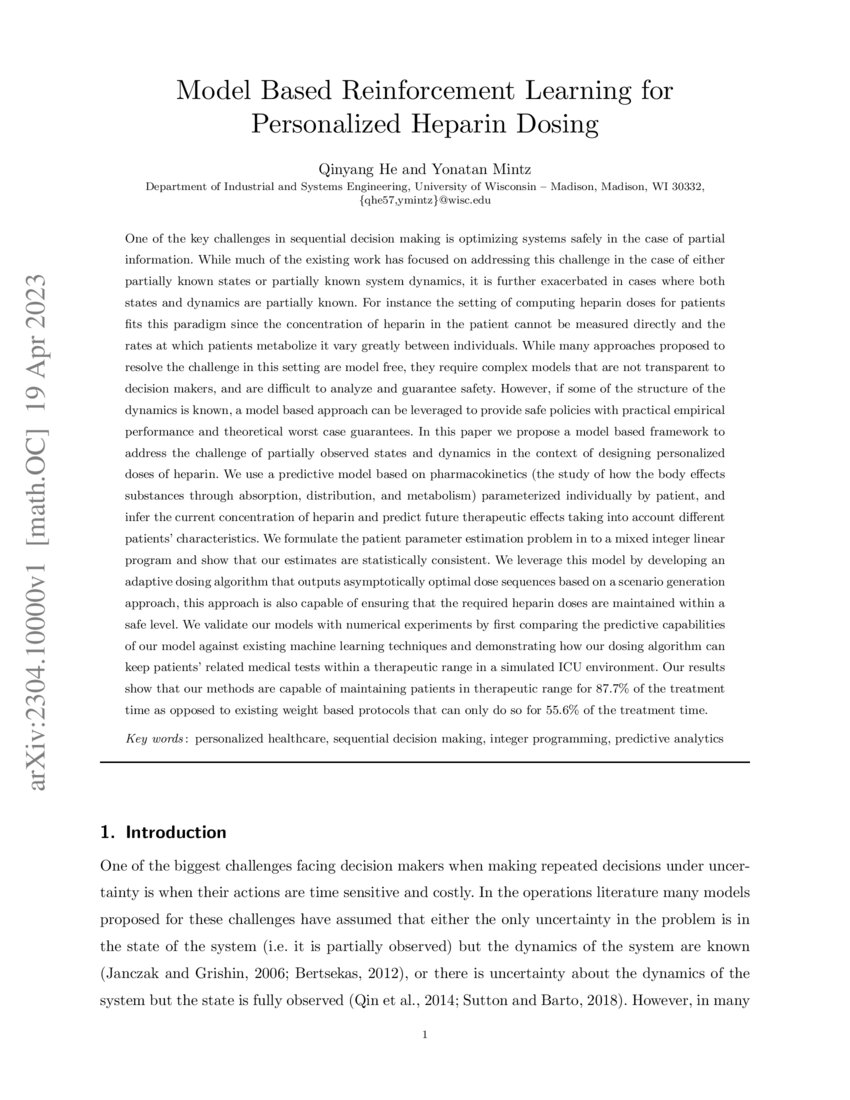 Model Based Reinforcement Learning for Personalized Heparin Dosing | DeepAI