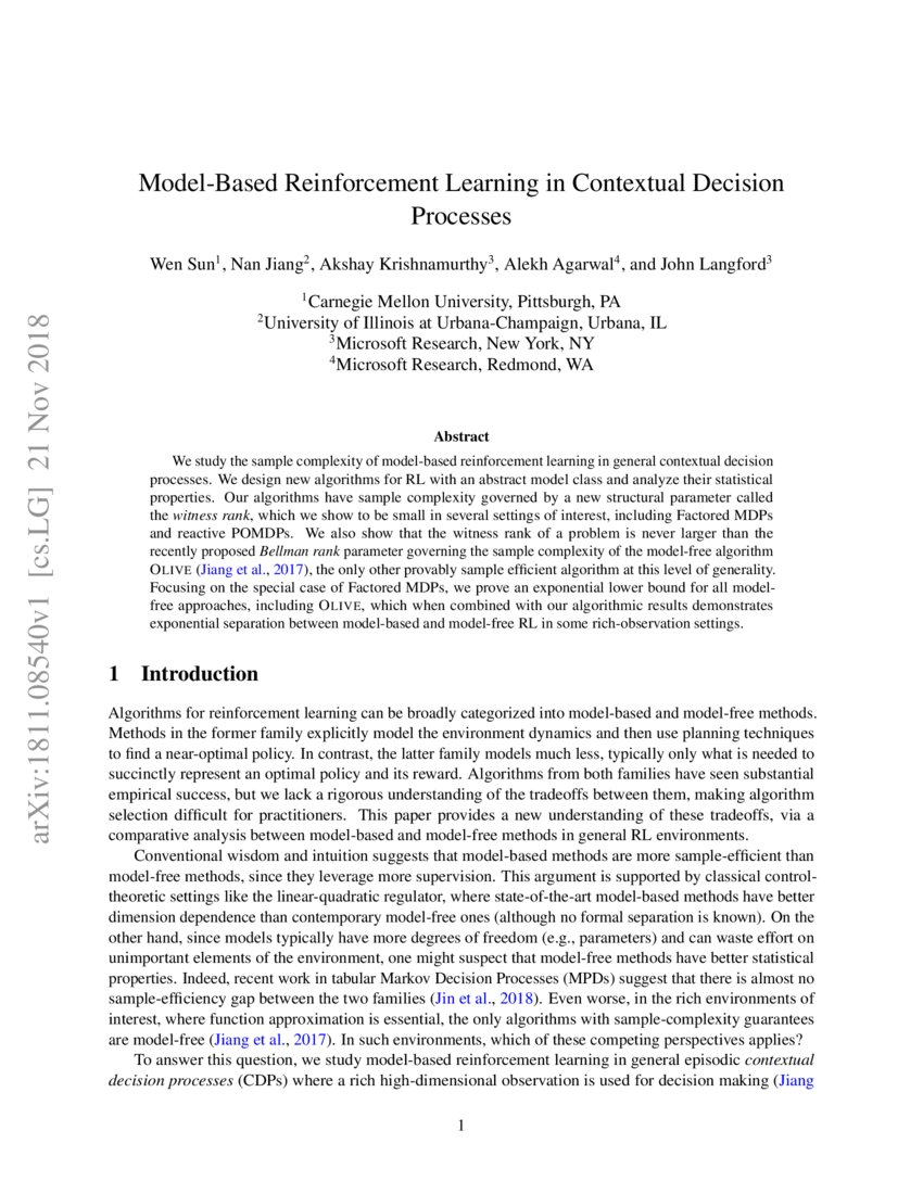Model Based Reinforcement Learning In Contextual Decision Processes