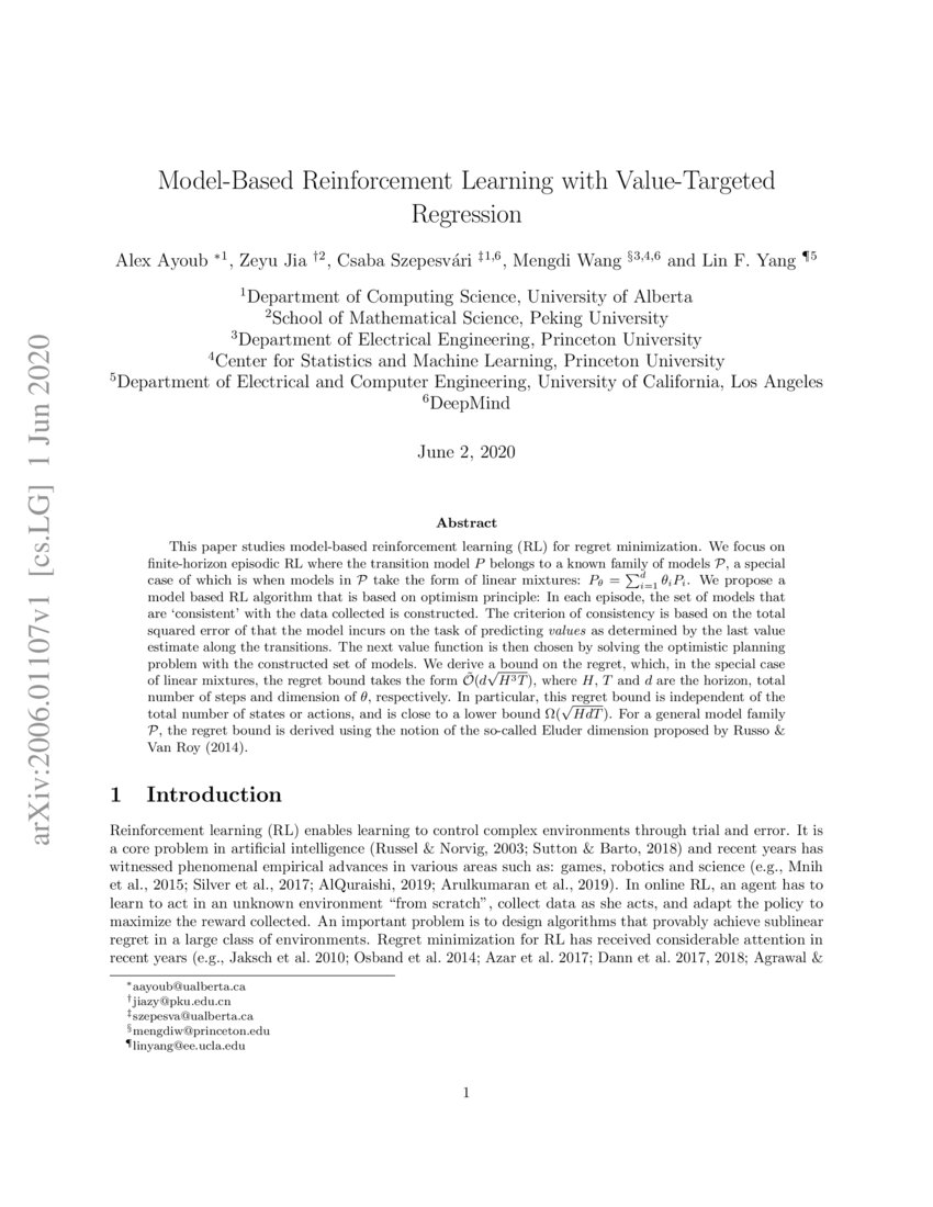 Model Based Reinforcement Learning With Value Targeted Regression Deepai