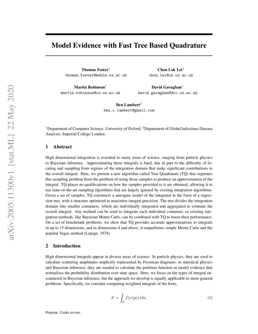 Model Evidence with Fast Tree Based Quadrature | DeepAI