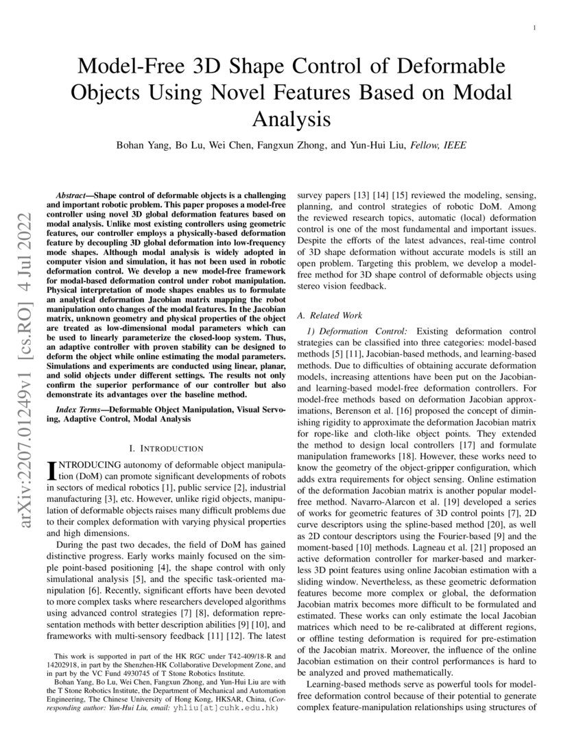 Model Free 3d Shape Control Of Deformable Objects Using Novel Features Based On Modal Analysis