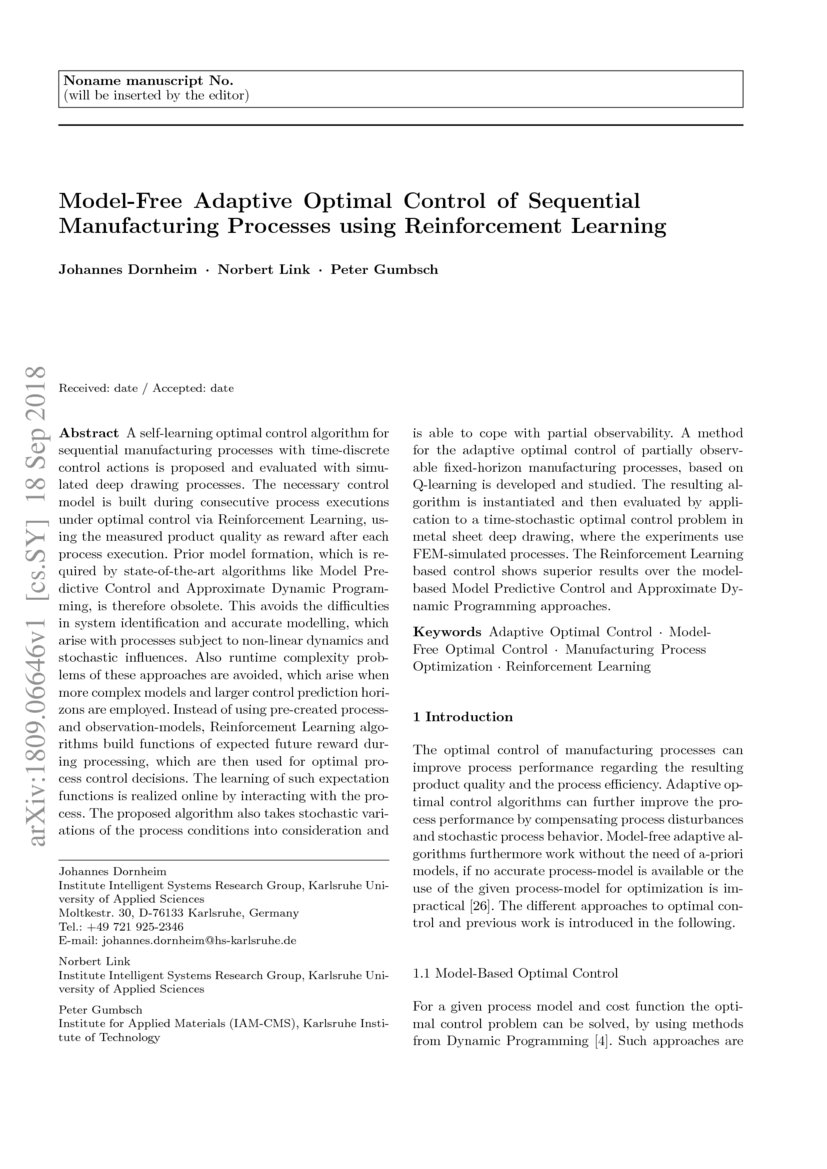 Model-Free Adaptive Optimal Control of Sequential Manufacturing ... Model-Free Adaptive Optimal Control of Sequential Manufacturing ...