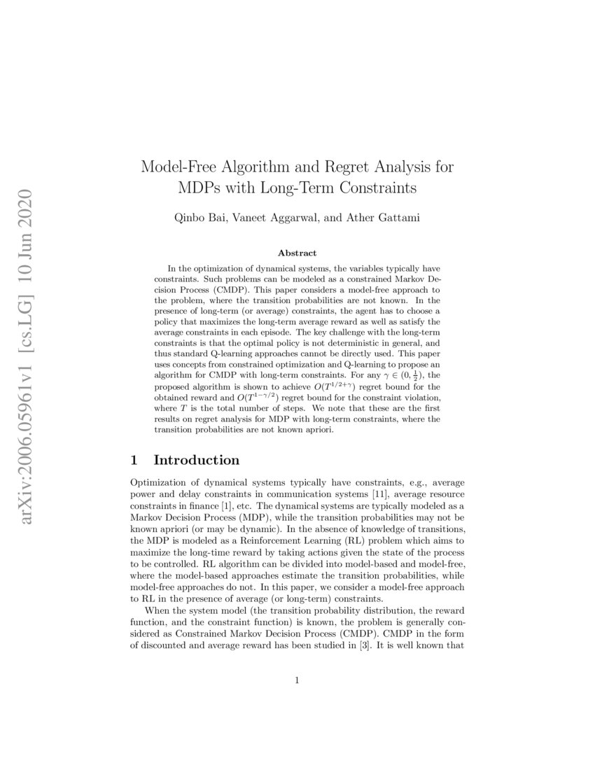 Model-Free Algorithm and Regret Analysis for MDPs with Long-Term Constraints | DeepAI