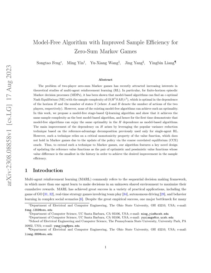 Model Free Algorithm With Improved Sample Efficiency For Zero Sum