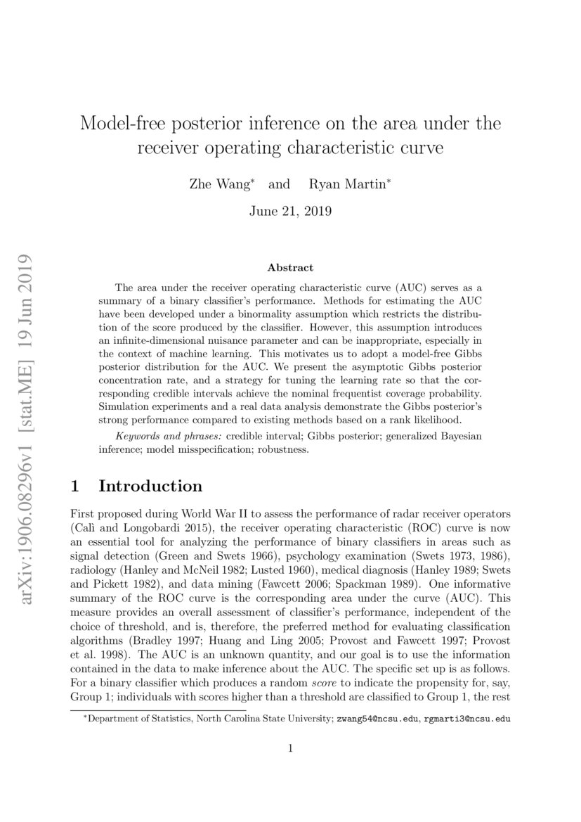 Model-free posterior inference on the area under the receiver operating characteristic curve ...
