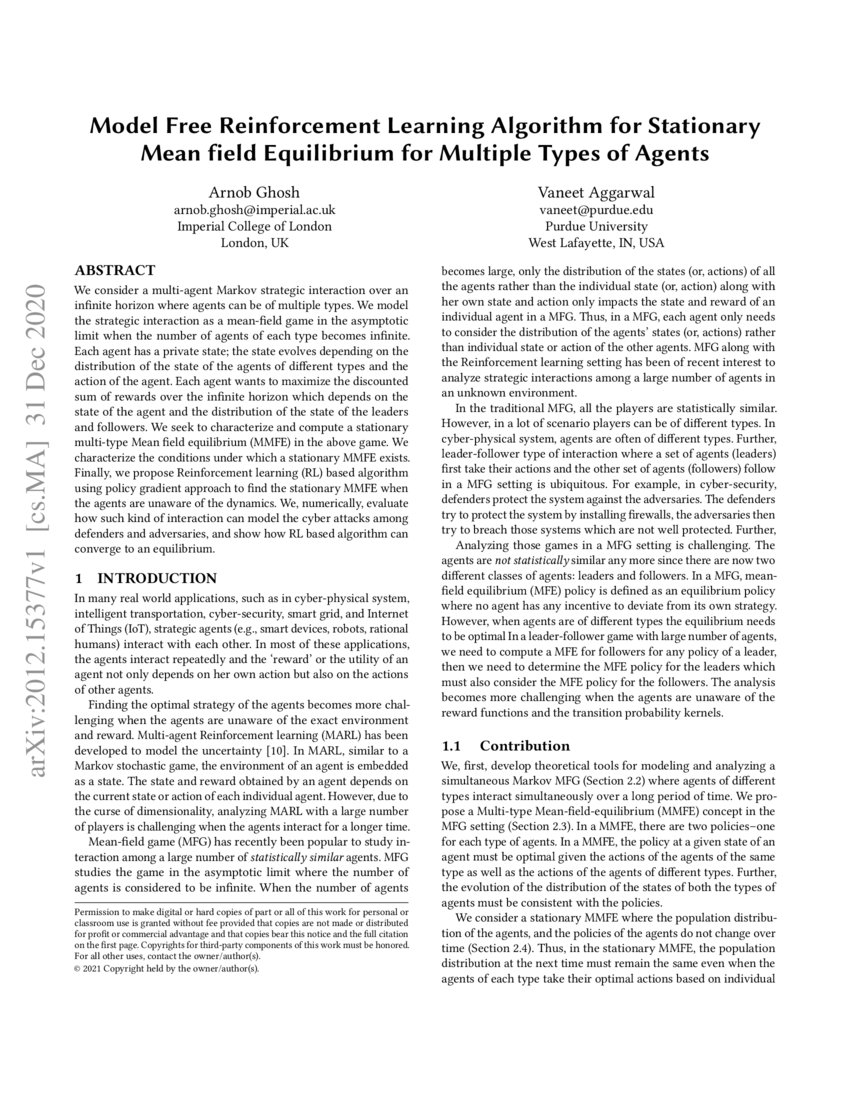Model Free Reinforcement Learning Algorithm for Stationary Mean field ...