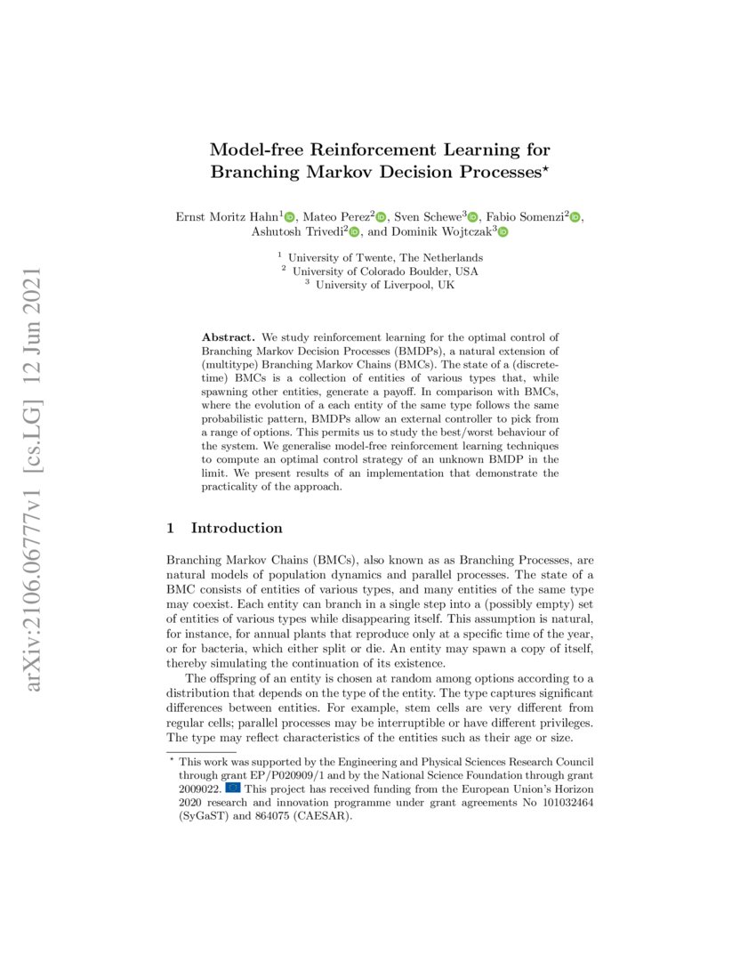 Model-free Reinforcement Learning for Branching Markov Decision Processes | DeepAI