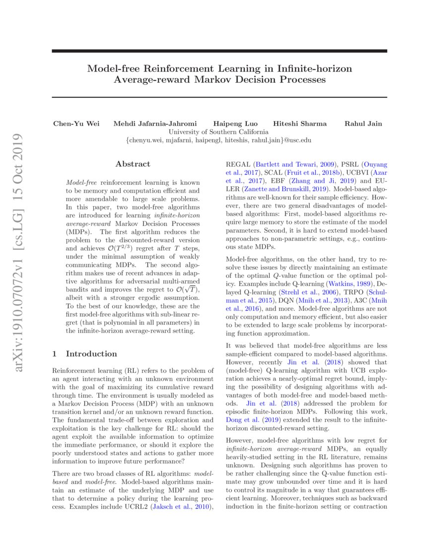 Model Free Reinforcement Learning In Infinite Horizon Average Reward Markov Decision Processes