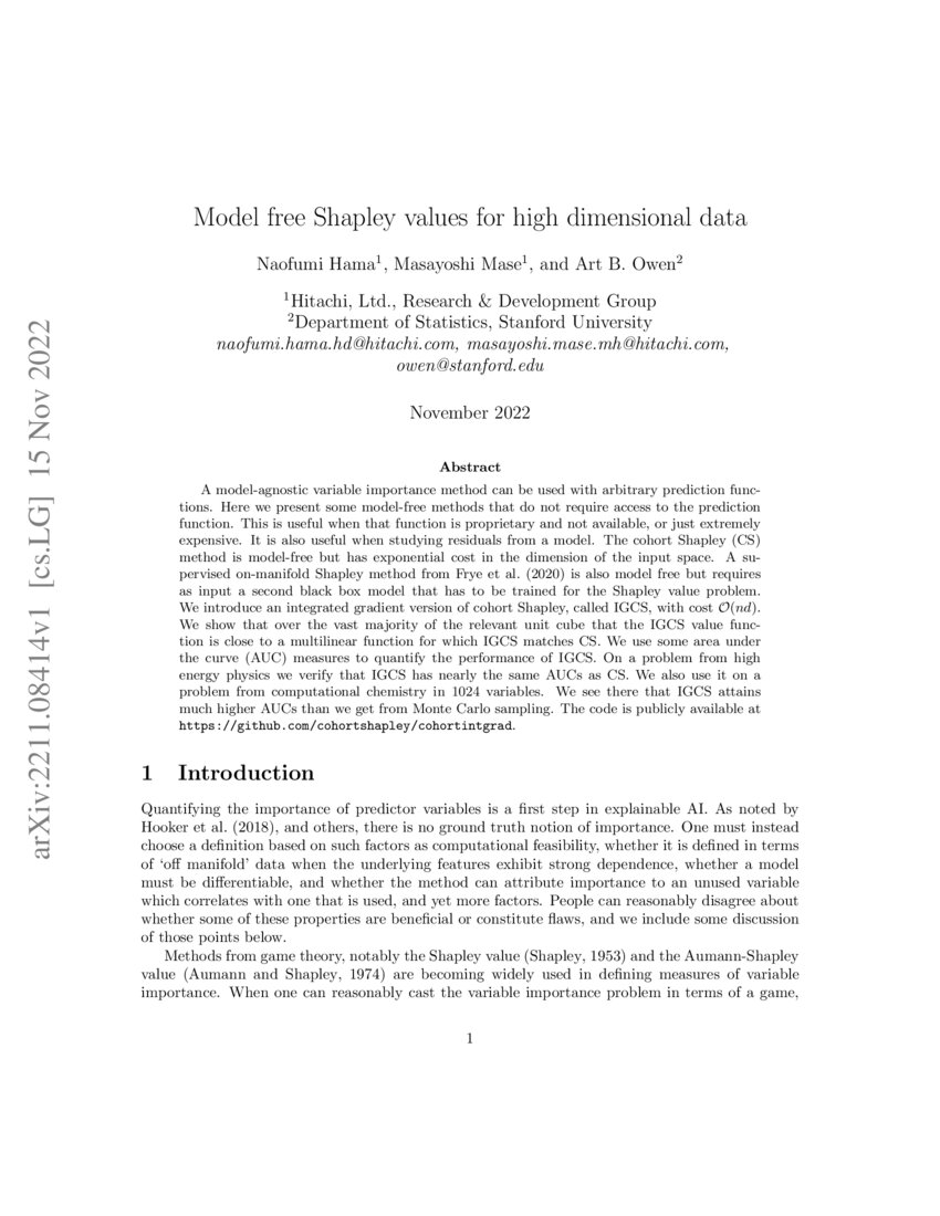 Model Free Shapley Values For High Dimensional Data Deepai