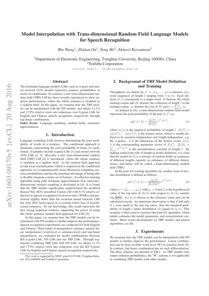 Model Interpolation with Trans-dimensional Random Field Language Models for Speech Recognition ...