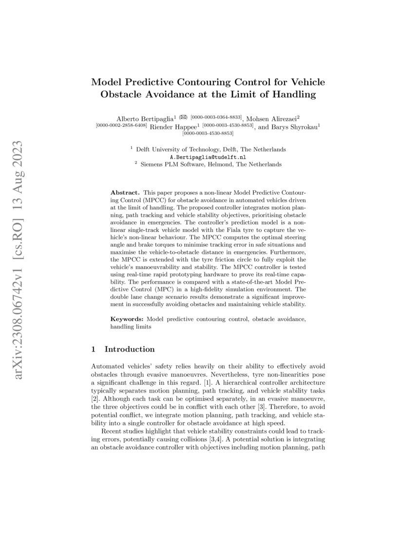 Model Predictive Contouring Control For Vehicle Obstacle Avoidance At The Limit Of Handling Deepai