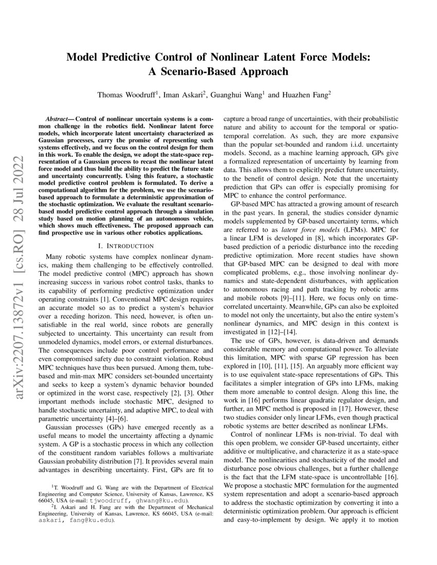Model Predictive Control of Nonlinear Latent Force Models: A Scenario-Based Approach | DeepAI