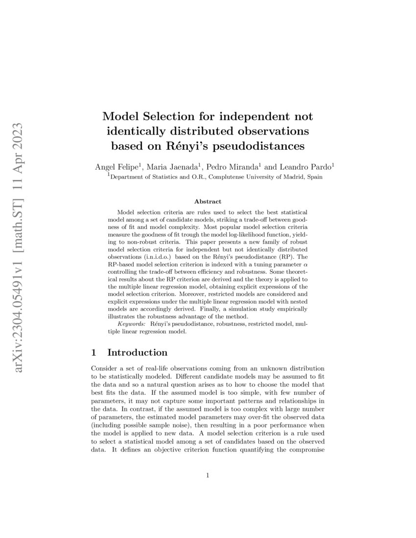 Model Selection for independent not identically distributed observations based on Rényi's ...