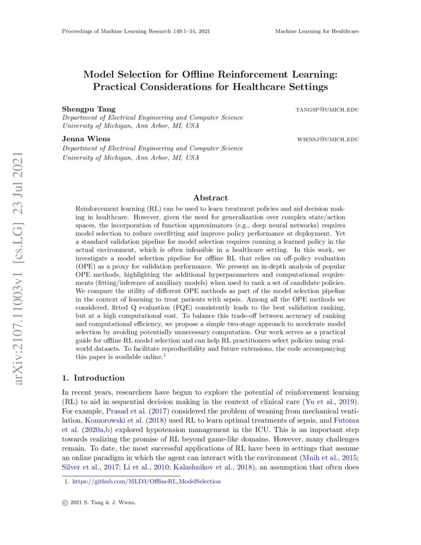 Model Selection For Offline Reinforcement Learning Practical