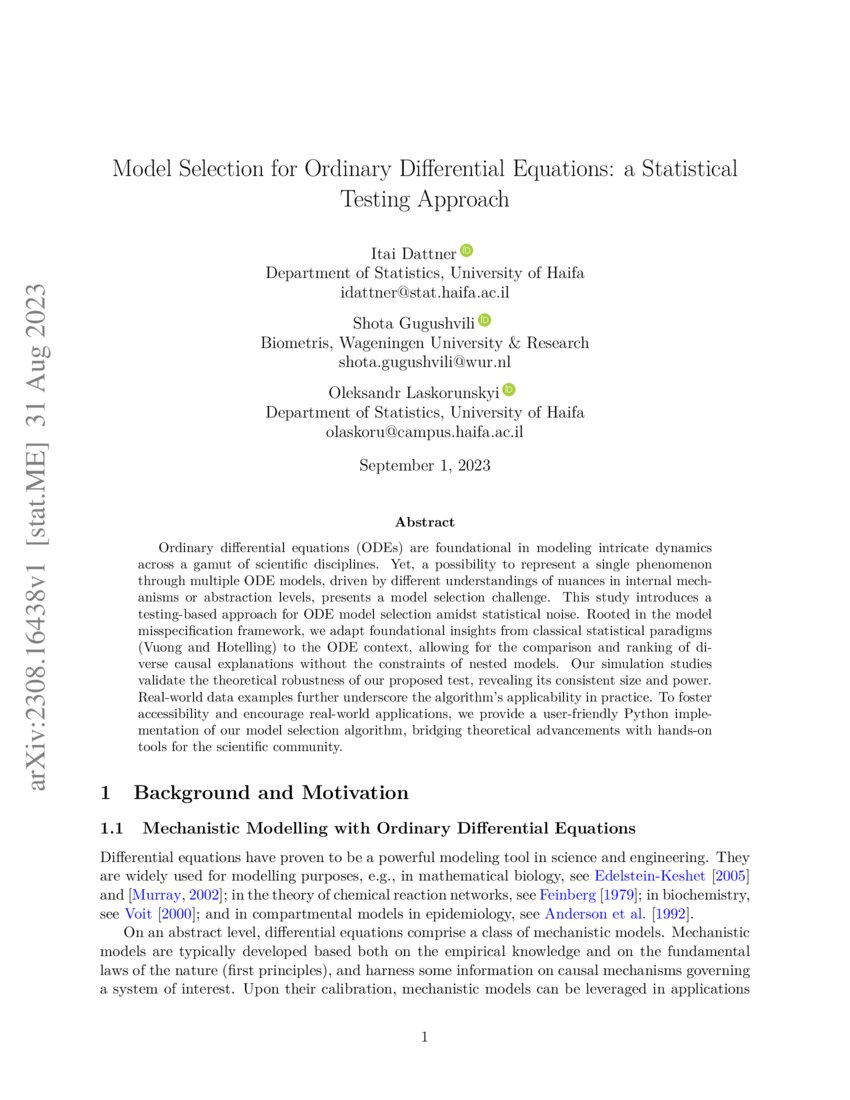 Model Selection For Ordinary Differential Equations A Statistical Testing Approach Deepai