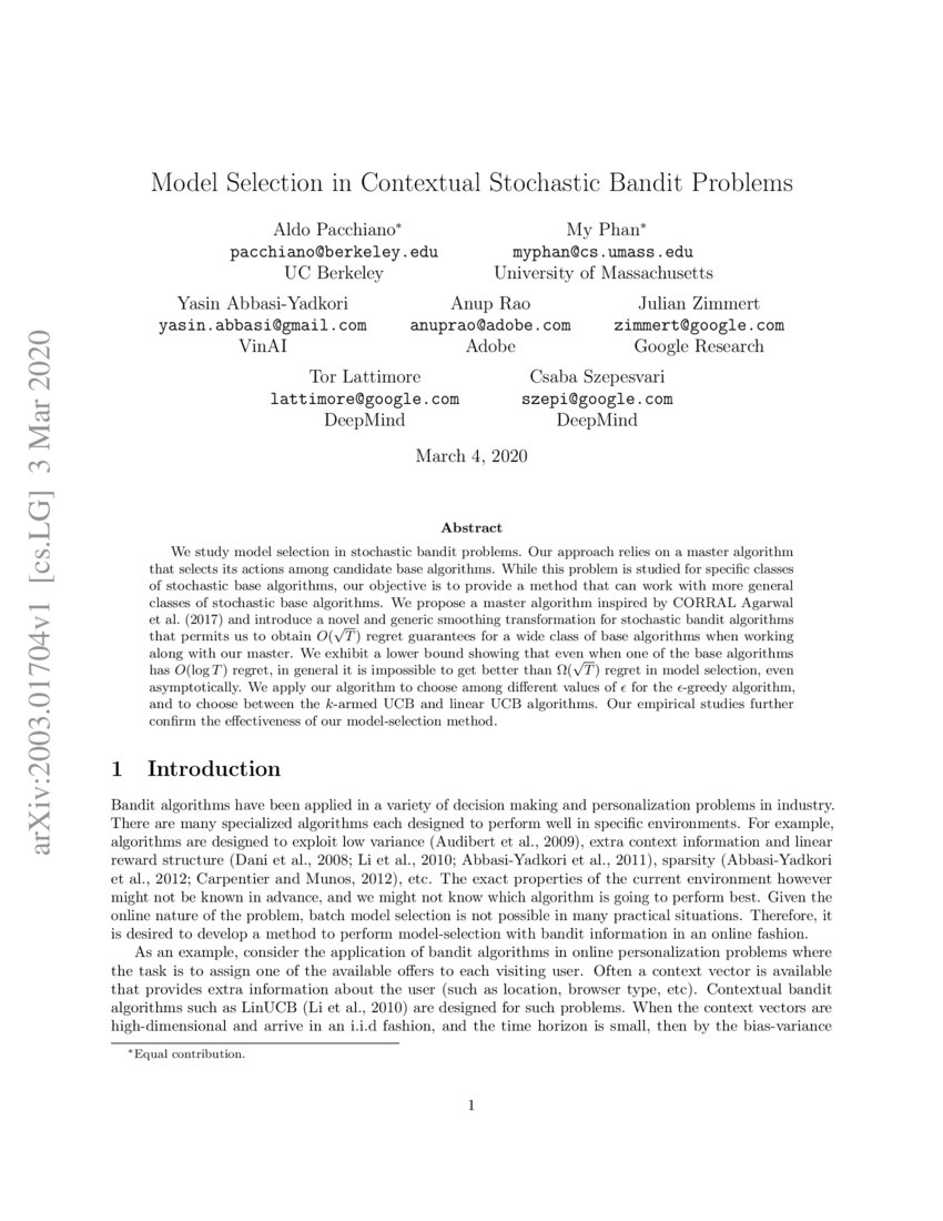Model Selection In Contextual Stochastic Bandit Problems Deepai