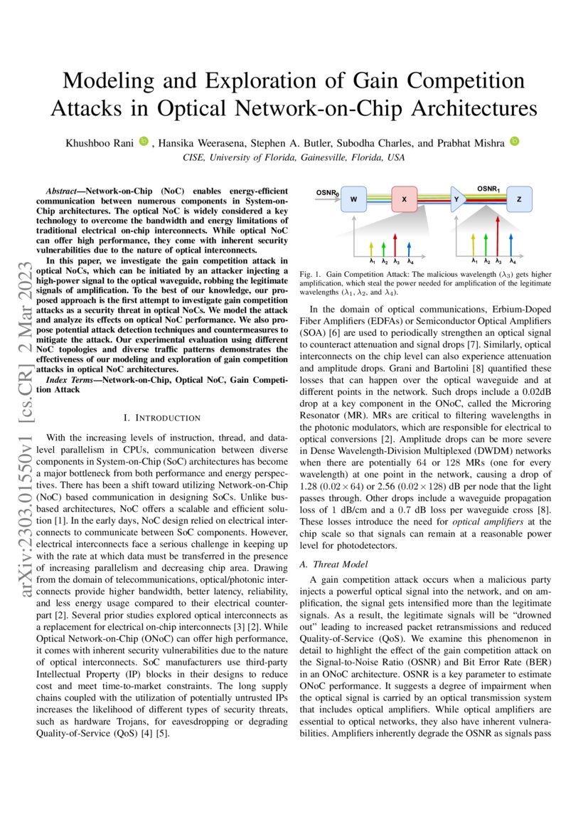 Modeling and Exploration of Gain Competition Attacks in Optical Network-on-Chip Architectures ...