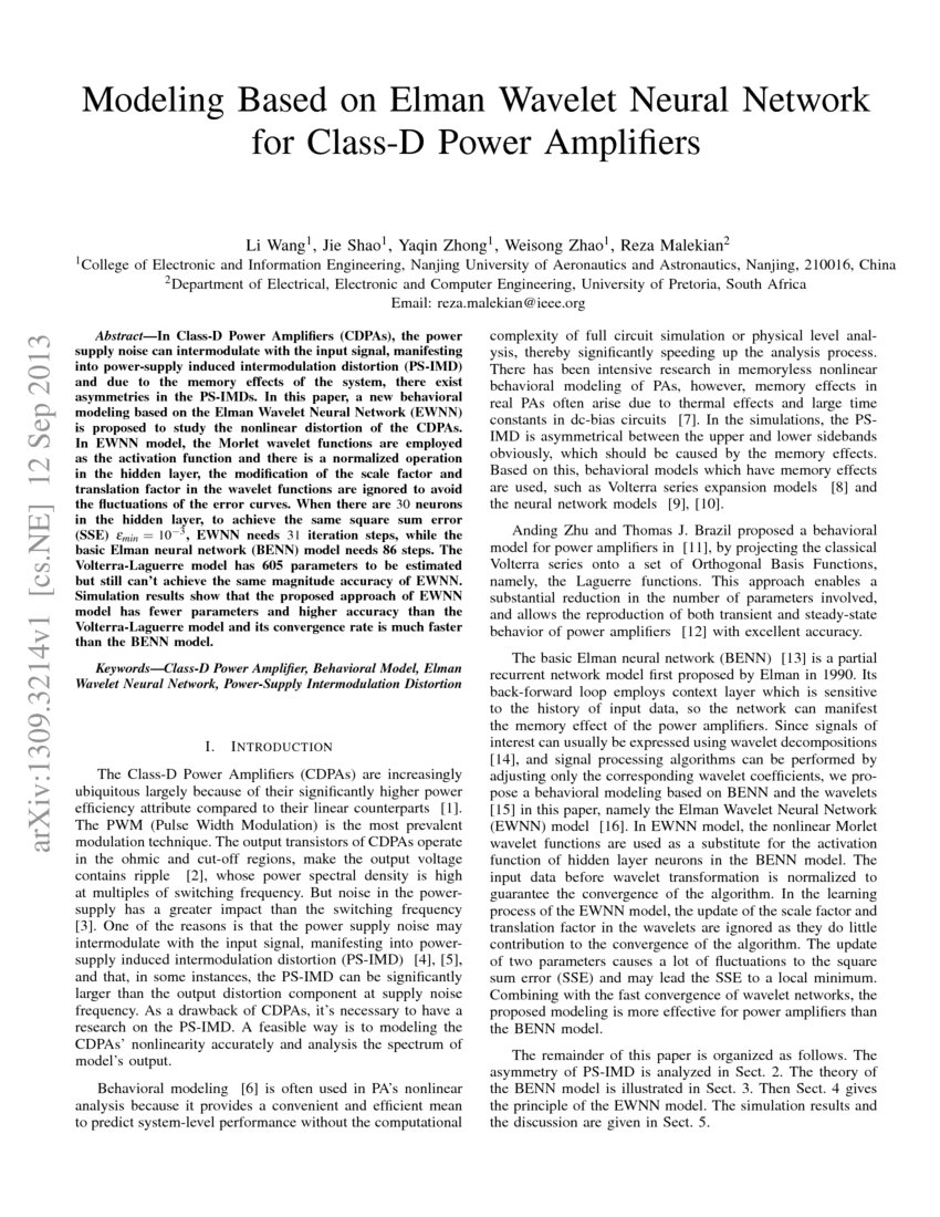 Modeling Based on Elman Wavelet Neural Network for Class-D Power Amplifiers | DeepAI