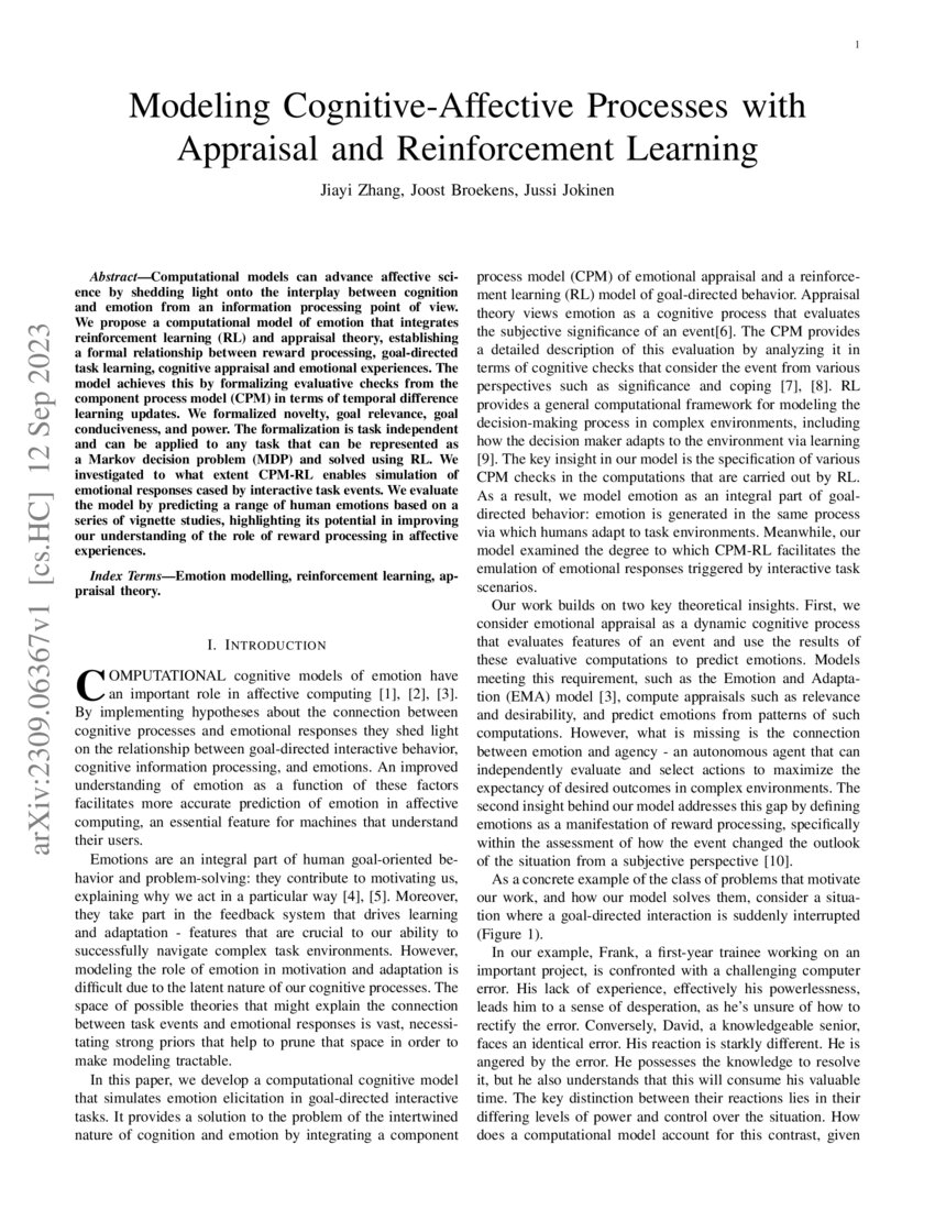 Modeling Cognitive Affective Processes With Appraisal And Reinforcement Learning Deepai