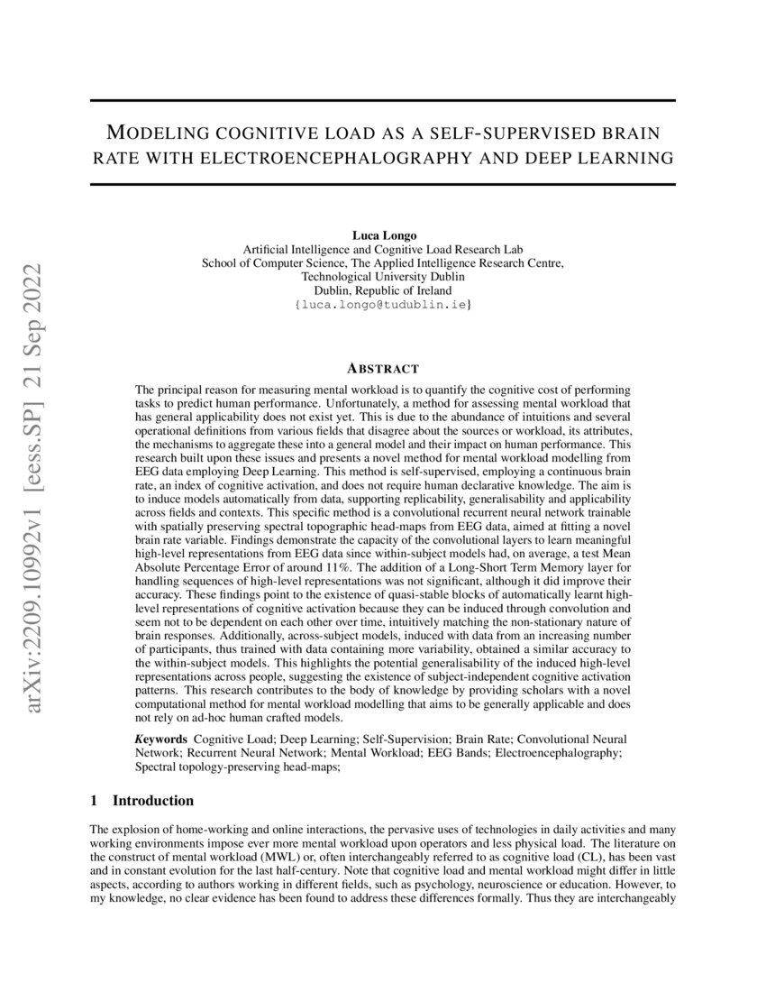 Modeling Cognitive Load As A Self Supervised Brain Rate With Electroencephalography And Deep