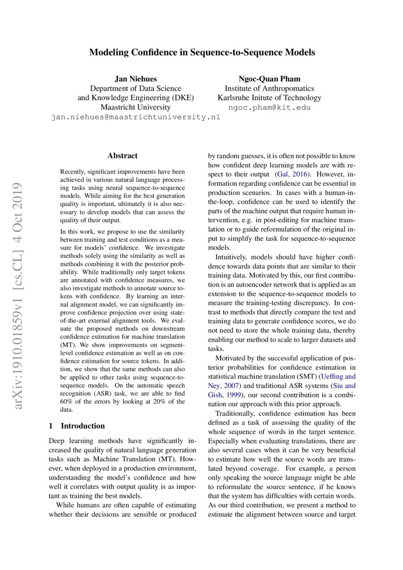 Modeling Confidence in Sequence-to-Sequence Models | DeepAI